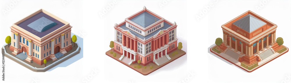 Isometric view of three classical buildings; varying architectural ...