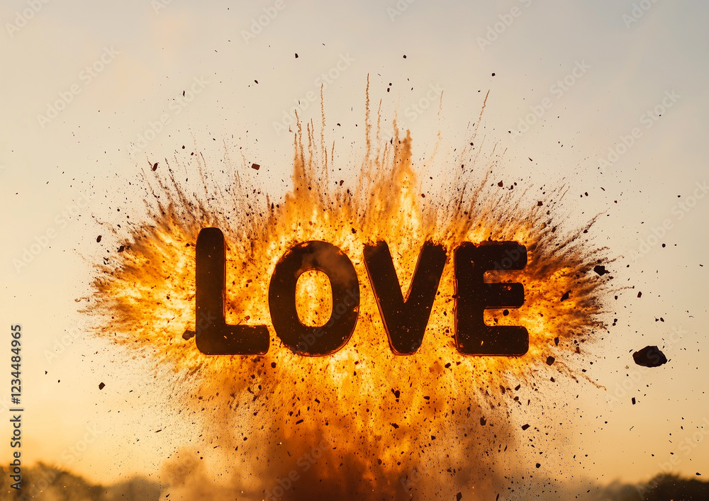 Dramatic explosion of the word love in fiery golden sparks, powerful ...