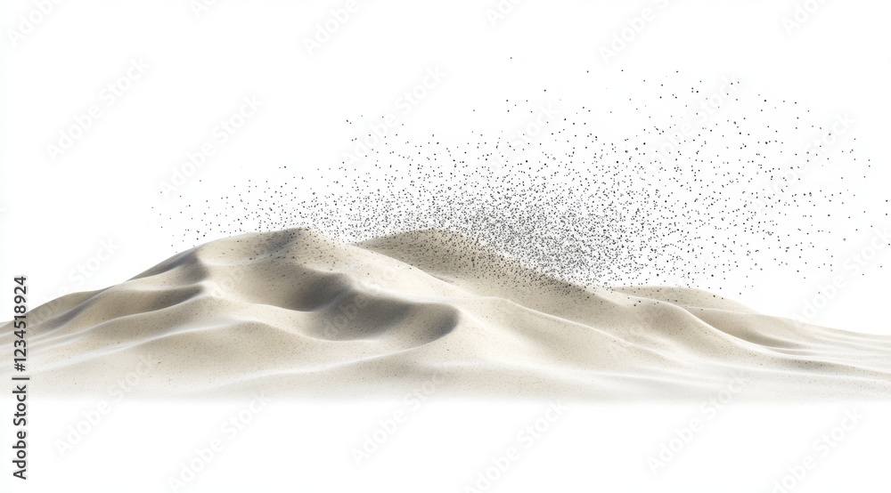 Desert dune sand erosion, particles flying, white background ...