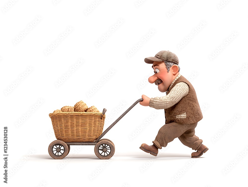 Cartoon farmer pushing cart full of produce animation scene indoor fun ...