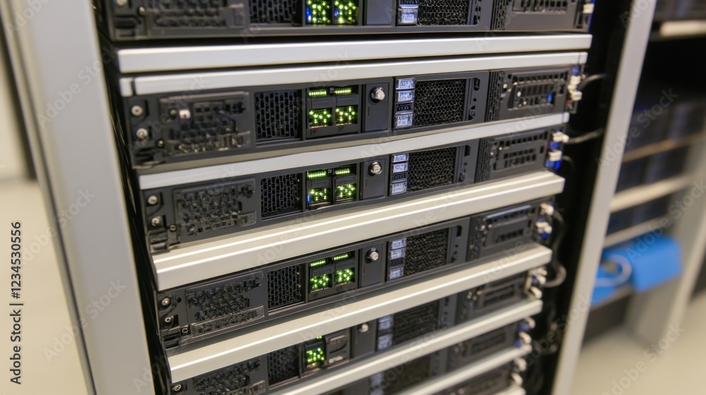 Data center servers rack, network room, processing, background blur ...