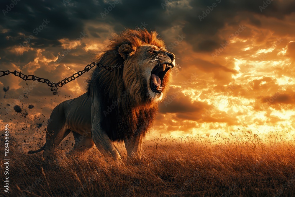 Fierce Lion Roaring as Chains Shatter on Its Neck, Standing in a Vast ...