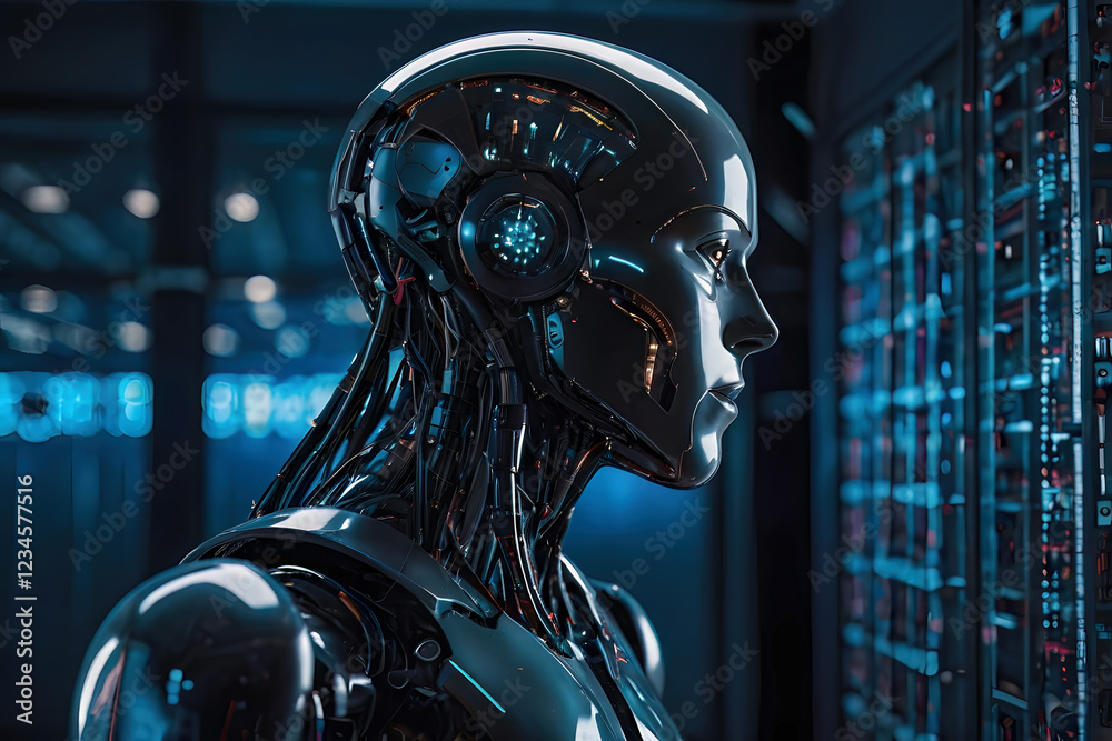 Suspect black AI robot standing in data center server modern office working room in concept of ...