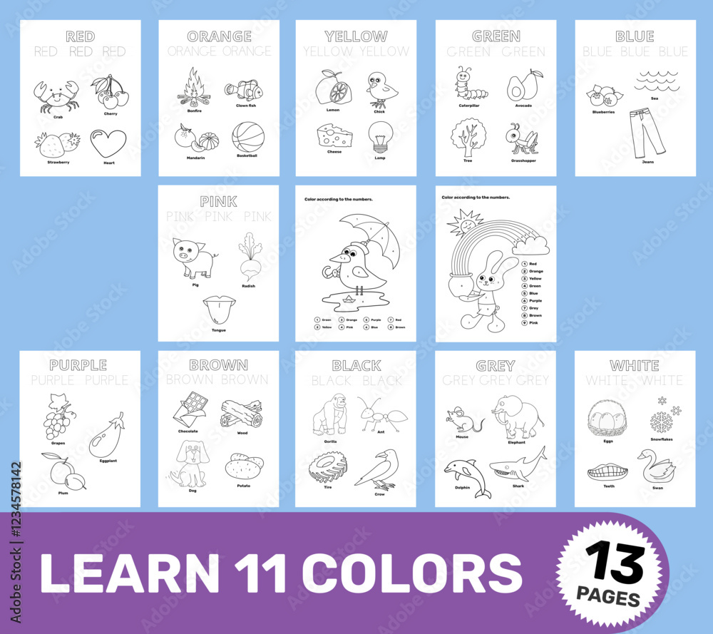 Learning 11 Colors, Coloring Pages for Kids – 13 Vector Worksheets for ...