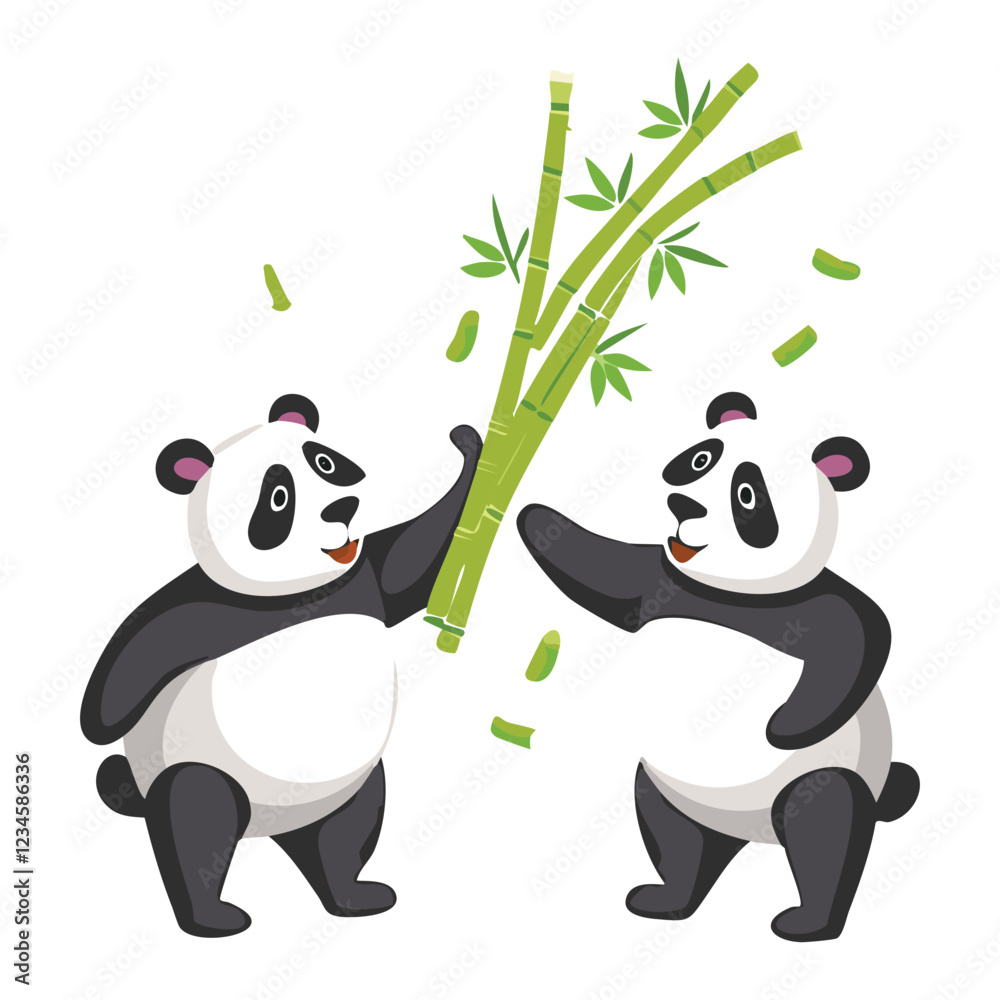 illustrtion of two pandas competing in a bamboo-throwing contest ...