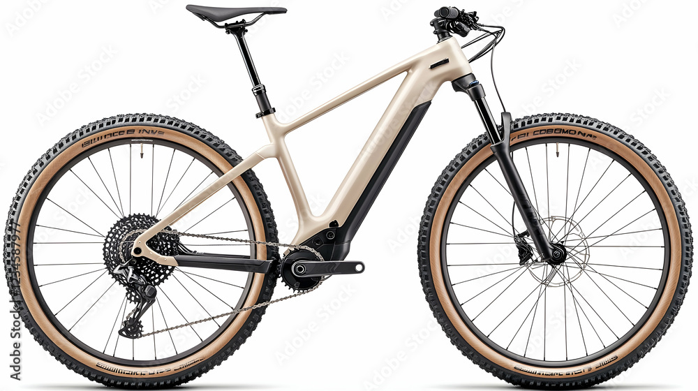 Beige electric mountain bike, off-road trail background, showcasing ...