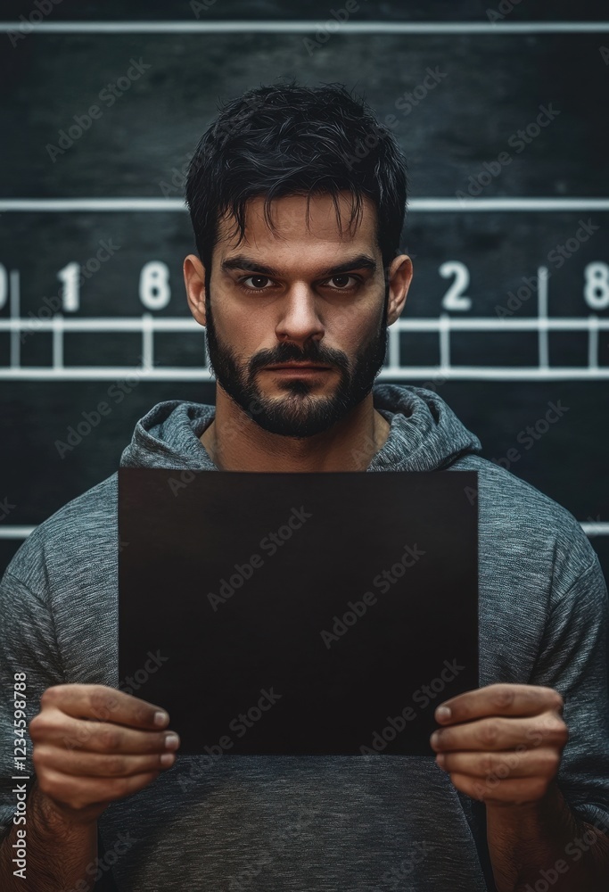 Man poses with blank identification card in front of height chart ...