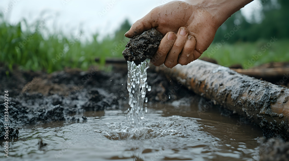 Farmer checking soil moisture, water dripping from soil sample ...