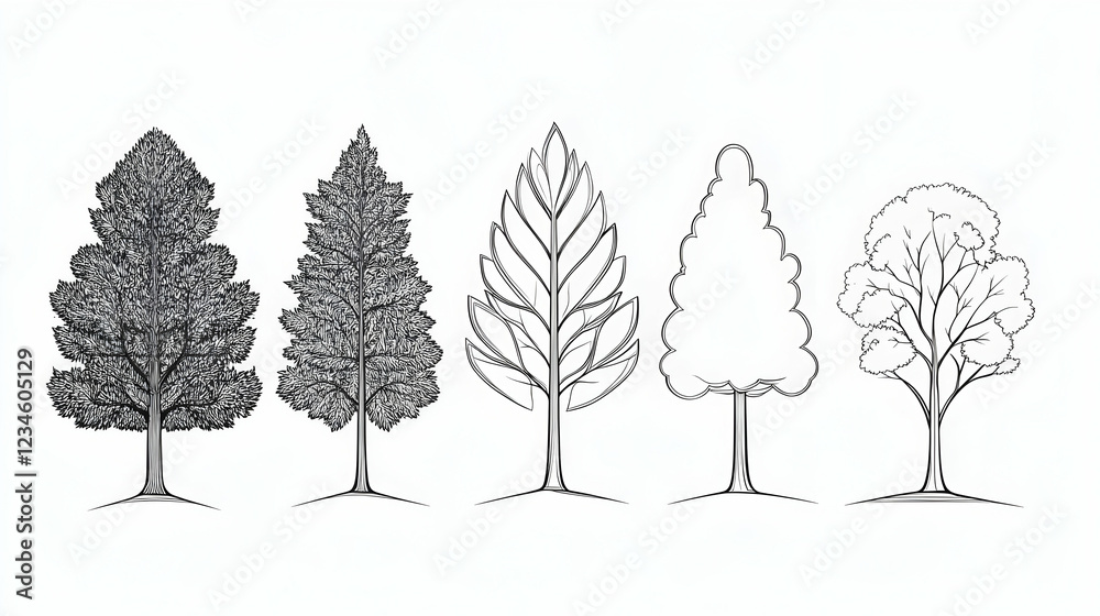 Five tree types, growth stages, illustration, white background ...