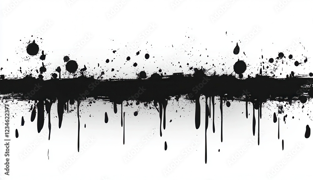 Abstract black ink splatters and drips on a white background, creating ...