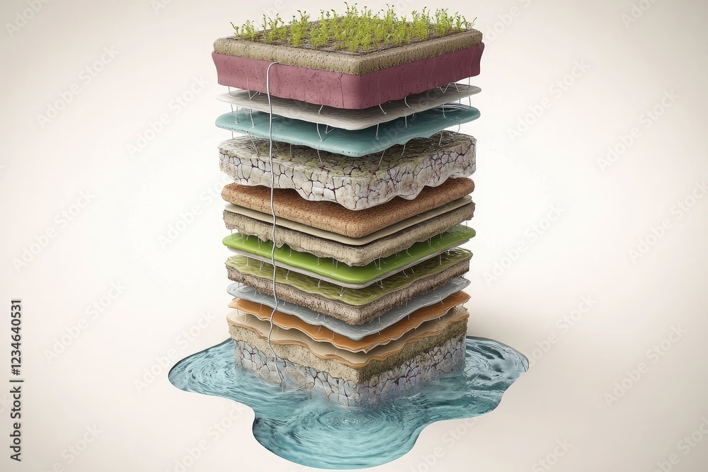 Cross-section soil layers, water table, plant growth. Educational ...