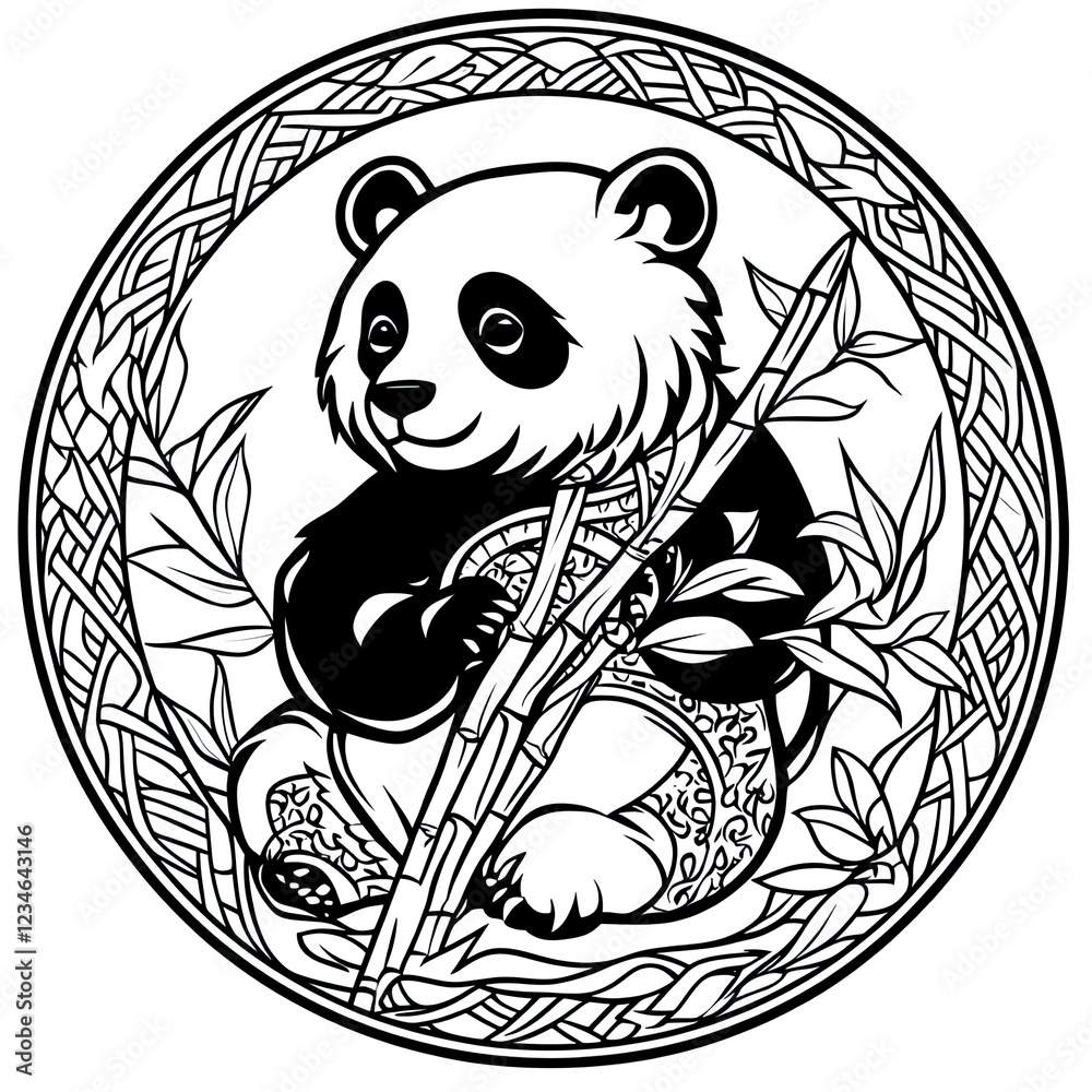 Serene Panda Mandala with Bamboo Shoots Simple Coloring Page Design ...