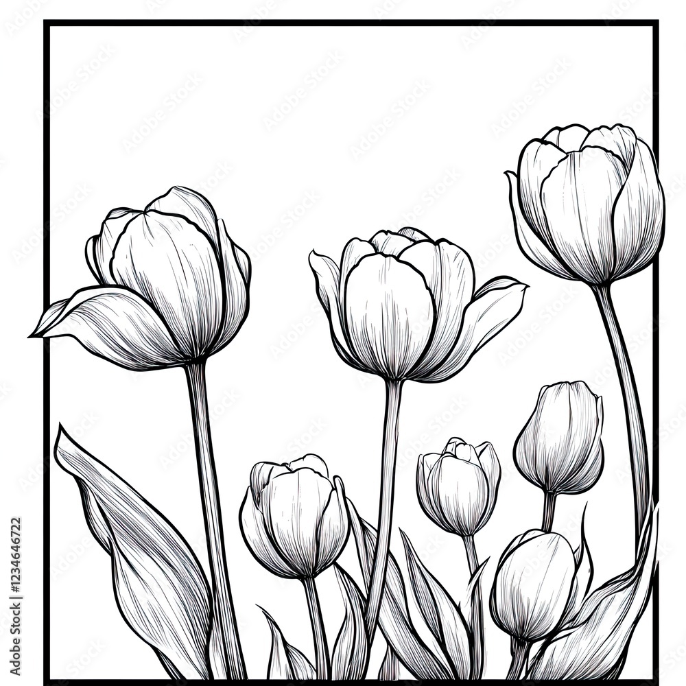 Simple Tulip Border Design Easy Coloring Page for Adults and Kids Stock ...
