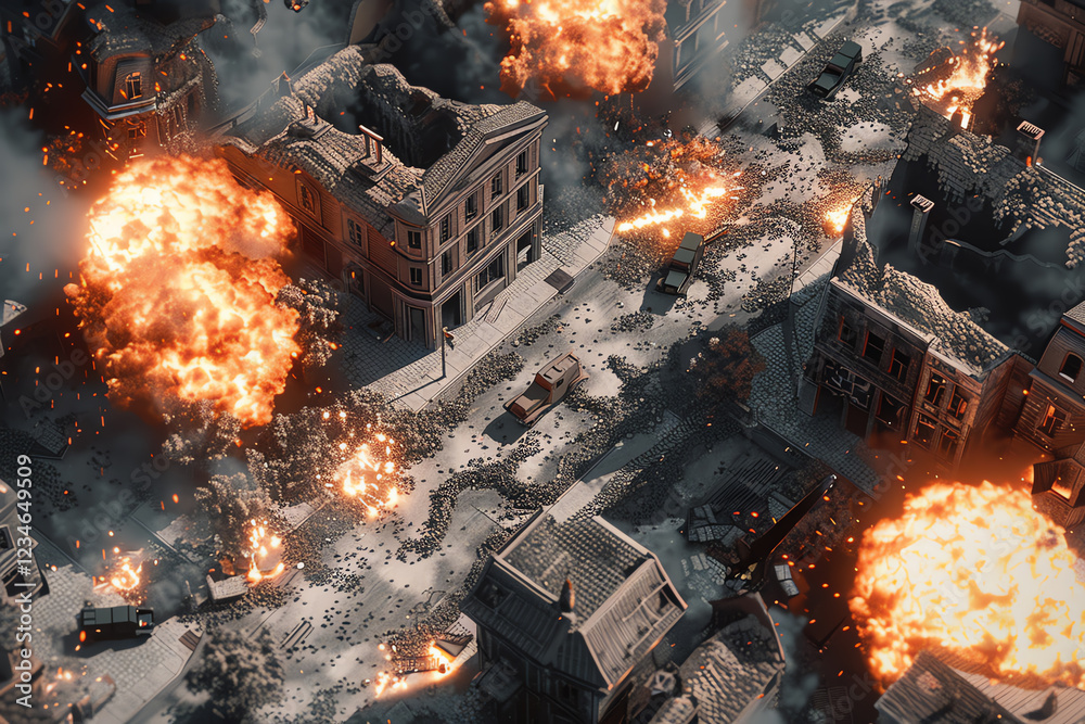 Capture an aerial view of a bustling World War II battle scene in a ...