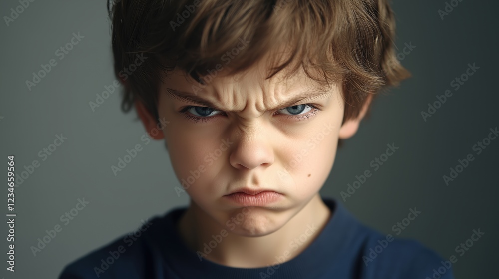 A young boy’s face is tense with frustration, his furrowed brows and ...