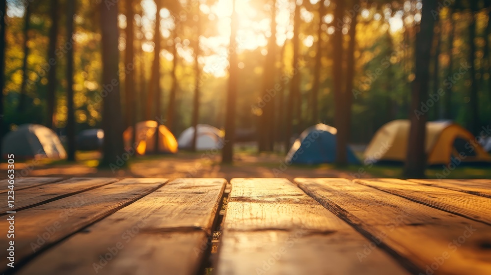 Wooden table amidst blurred images of camping tents in the forest. It's ...