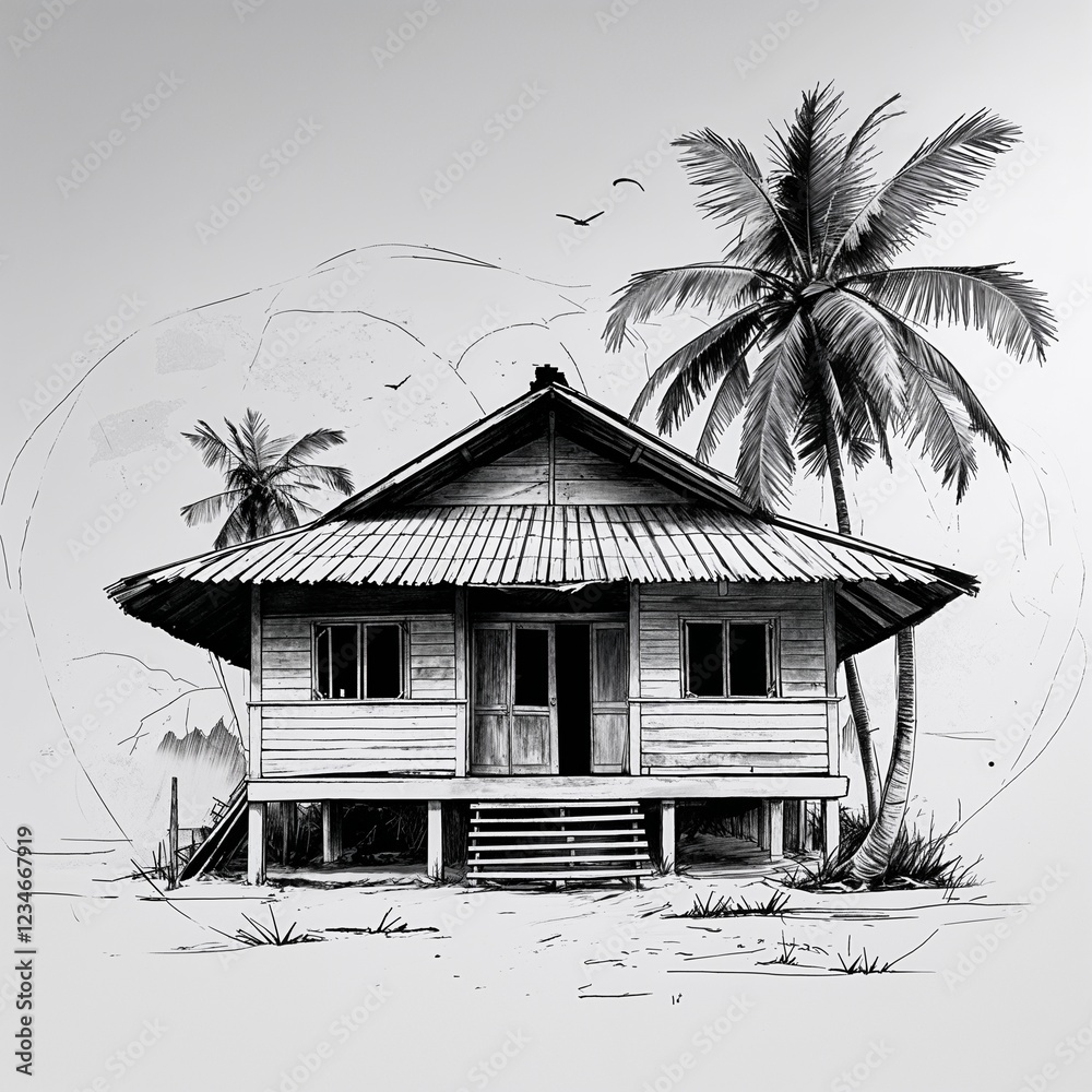 Philippine bahay kubo house art black and white flat design simple line ...