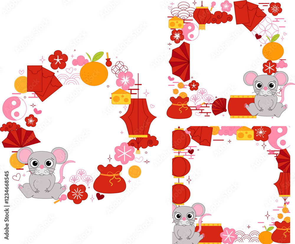 Chinese New year of rat mouse 2032 vector graphic line round circle ...