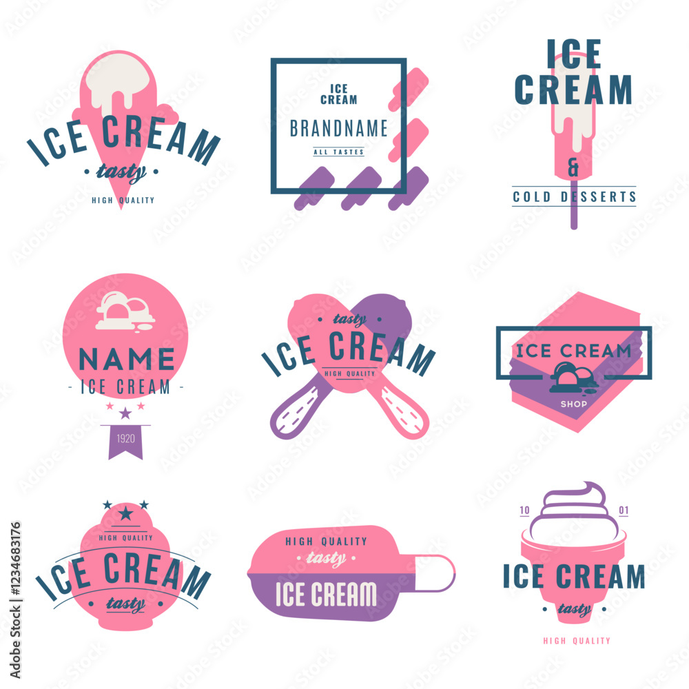 Ice cream label set. Design template logos. Cold desert silhouette ...