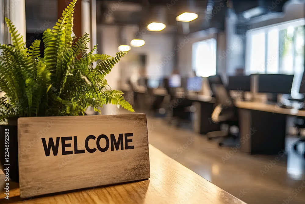 A desk with a 'welcome' sign represents a friendly onboarding process ...