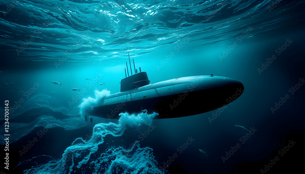 underwater scene, submarine, deep blue ocean, bubbles, propeller wake ...