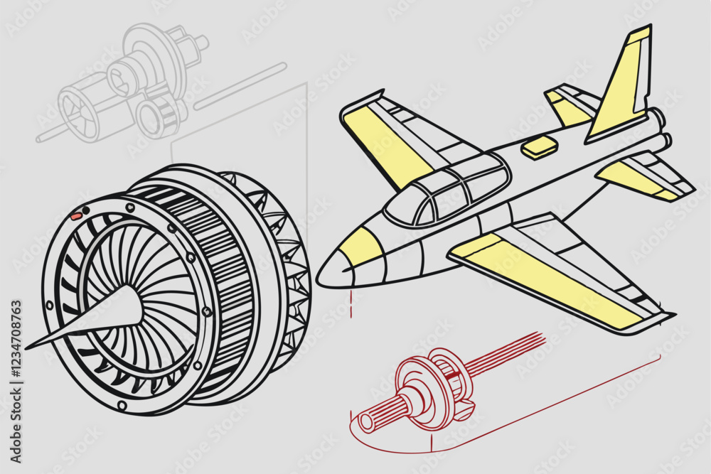 Technical schematic, jet engine cutaway, intricate details, engineering ...