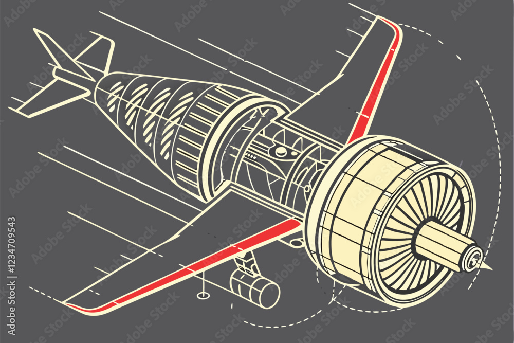 Technical schematic, jet engine cutaway, intricate details, engineering ...
