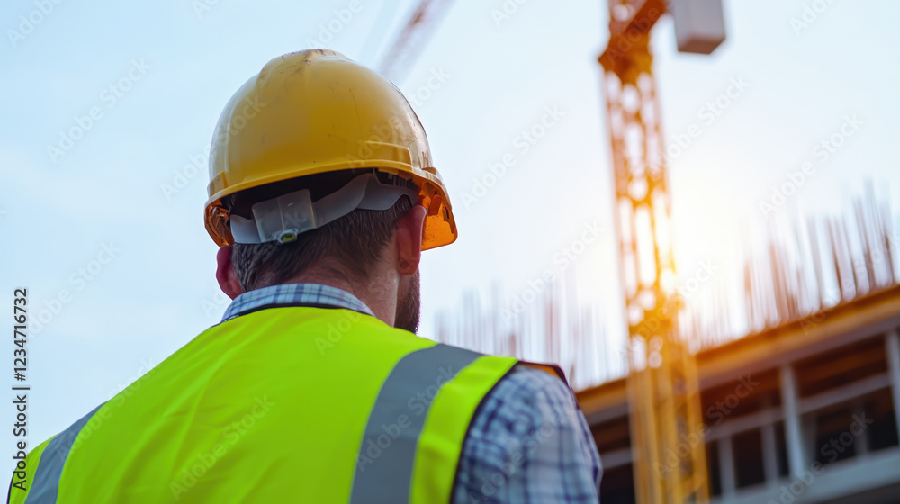 cement raft concrete maintenance. Construction worker observing site ...