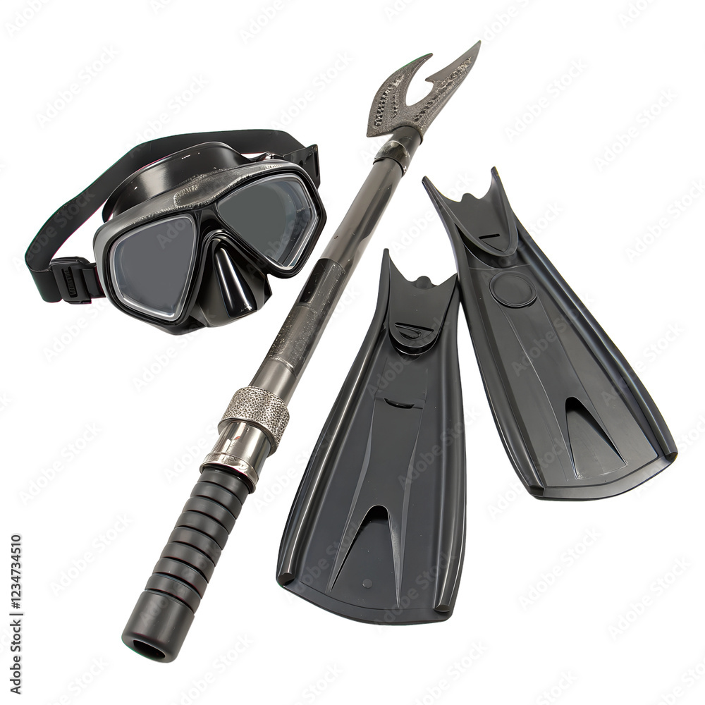 Spearfishing equipment set on a transparent background, consisting of a ...