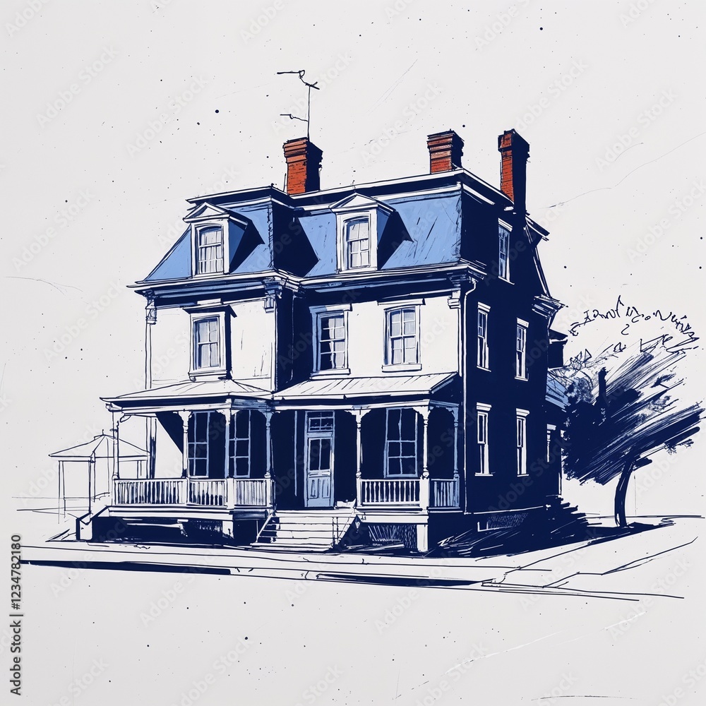 Dutch colonial house art navy and white flat design simple line hand ...
