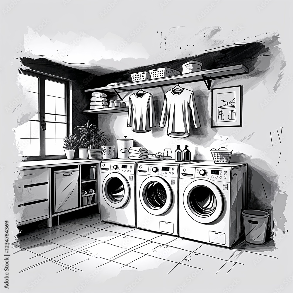 Laundry folding area art black and white flat design simple line hand ...