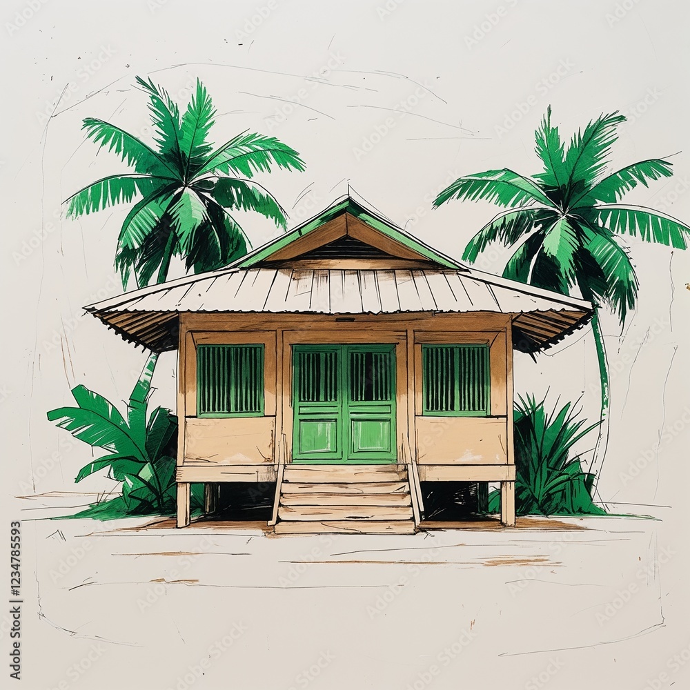 Philippine bahay kubo house art beige and green flat design simple line ...