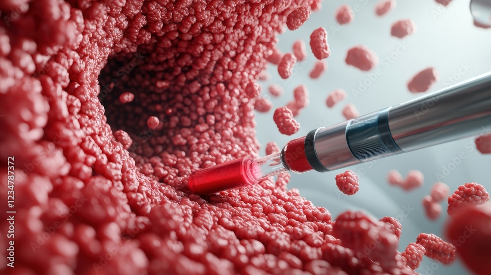 Colonoscopy treatment. Microscopic view of a syringe injecting fluid ...