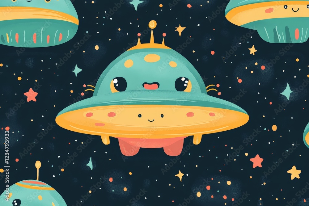 Alien spaceships with cartoon faces float in a starry night sky filled ...