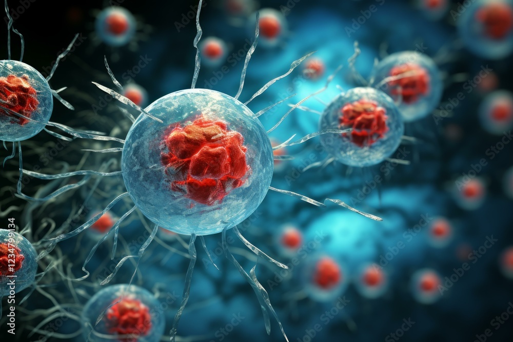 Microscopic view of stem cells with red nucleus and cytoskeleton ...