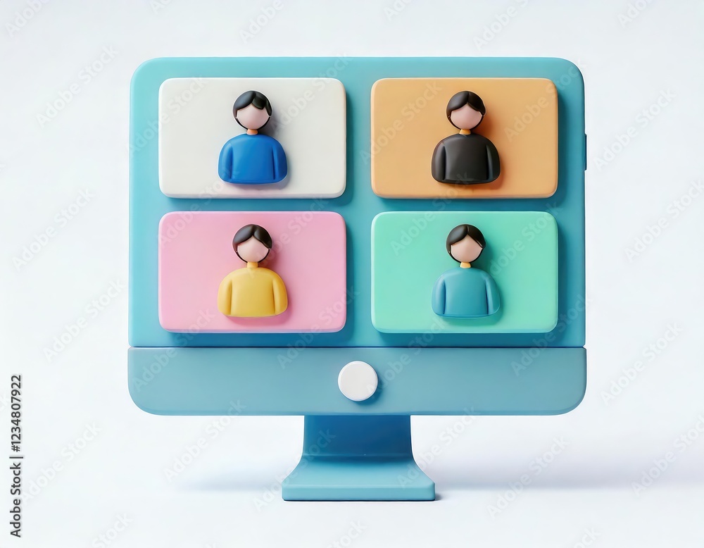 Stylized Computer Screen Displaying a Virtual Meeting of Four Avatars ...