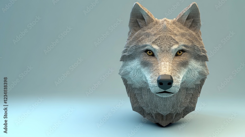 Low-poly wolf head, digital render, studio shot, blue background ...