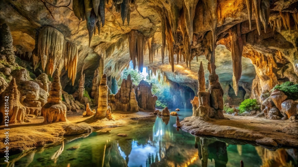 Secluded cave with ancient rocks and stalactites, underground ...
