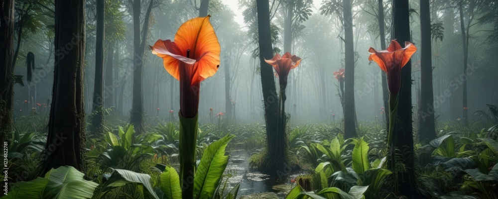 Rare and unusual Titan arum flowers in swampy area , trees , exotic ...