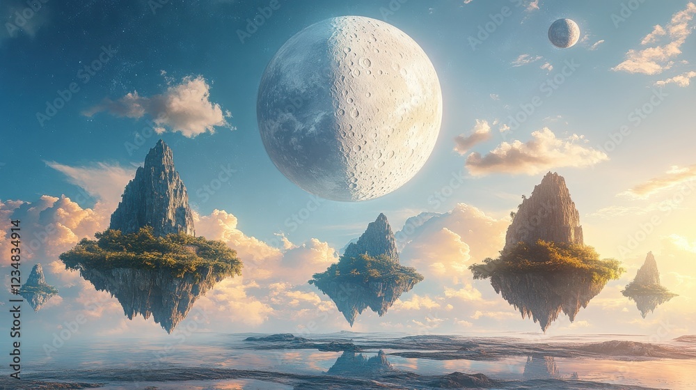 Group of trees in a surreal dreamscape with floating islands and a ...