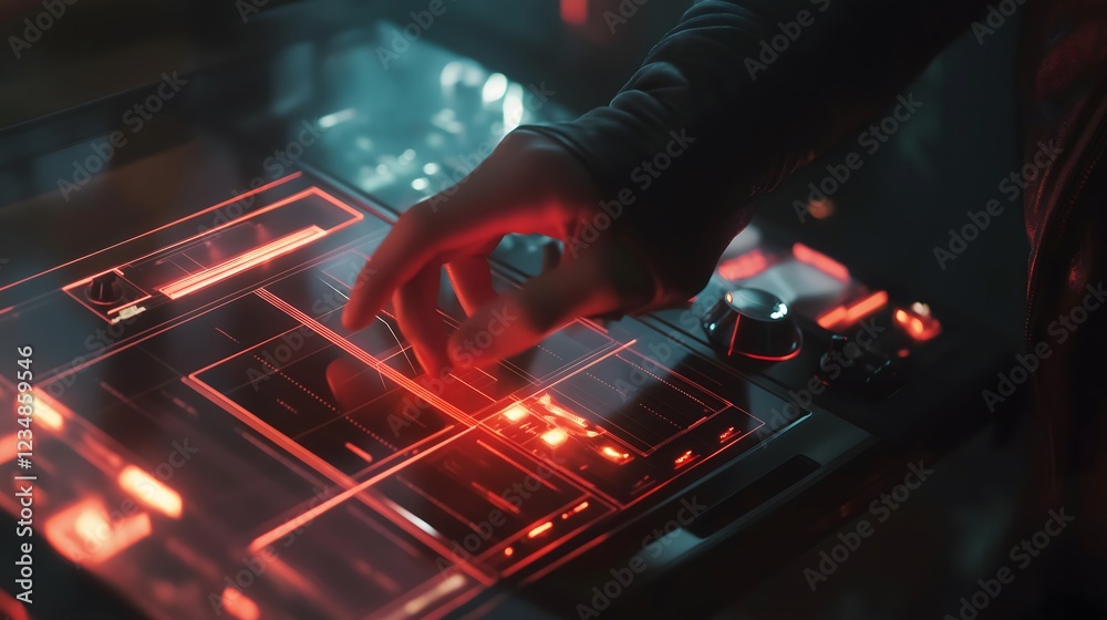 Futuristic DJ hand adjusting controls on an illuminated high-tech ...
