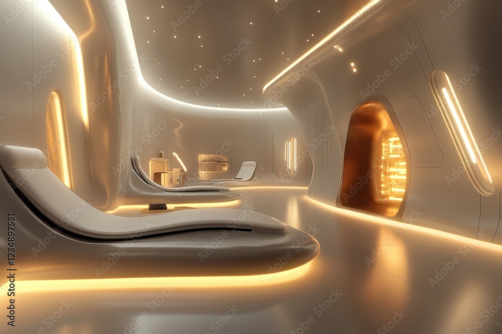 Futuristic lounge interior with glowing ambient lighting, curved ...