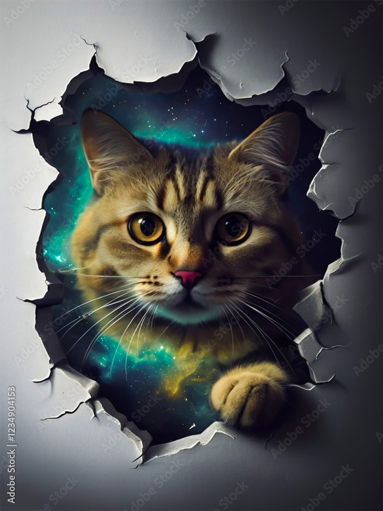 Cosmic Cat Breaking Through Wall – Surreal Space-Themed Feline Artwork ...