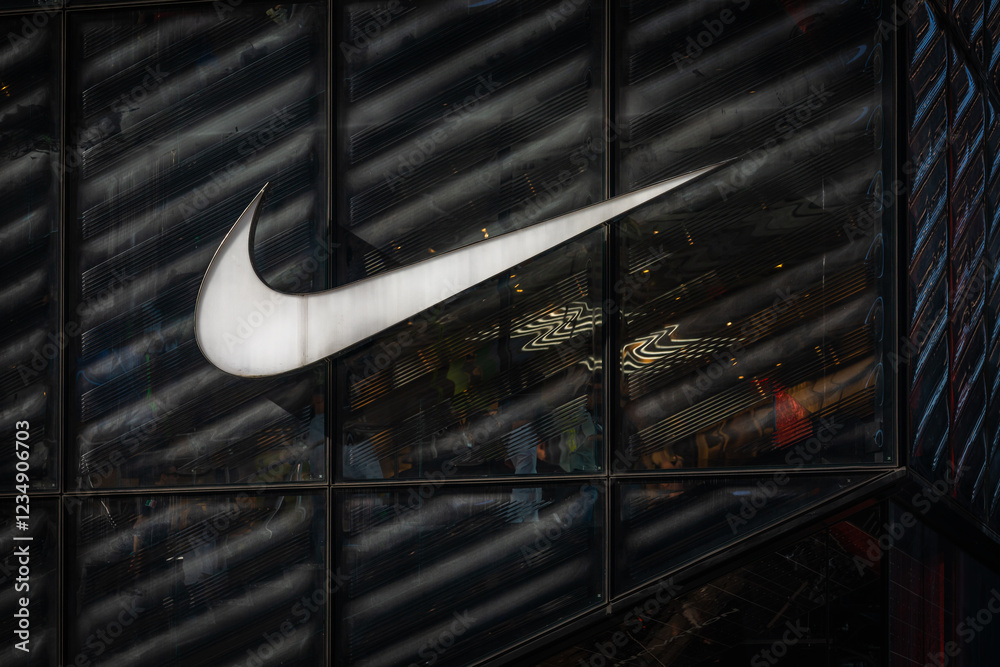 New York City, USA - 4 November 2022: Nike Logo on the modern Facade of ...