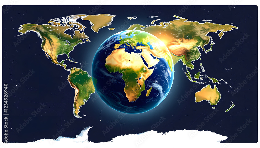physical world map with earth flat view from space global satellite ...