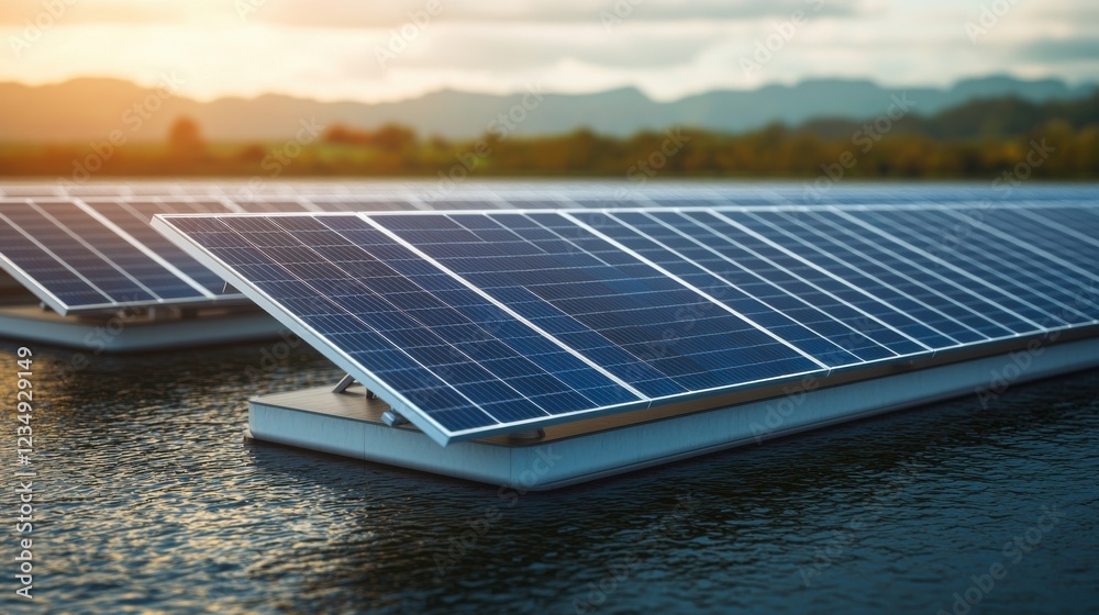 The image features solar panels floating on water, reflecting sunlight, highlighting renewable ...