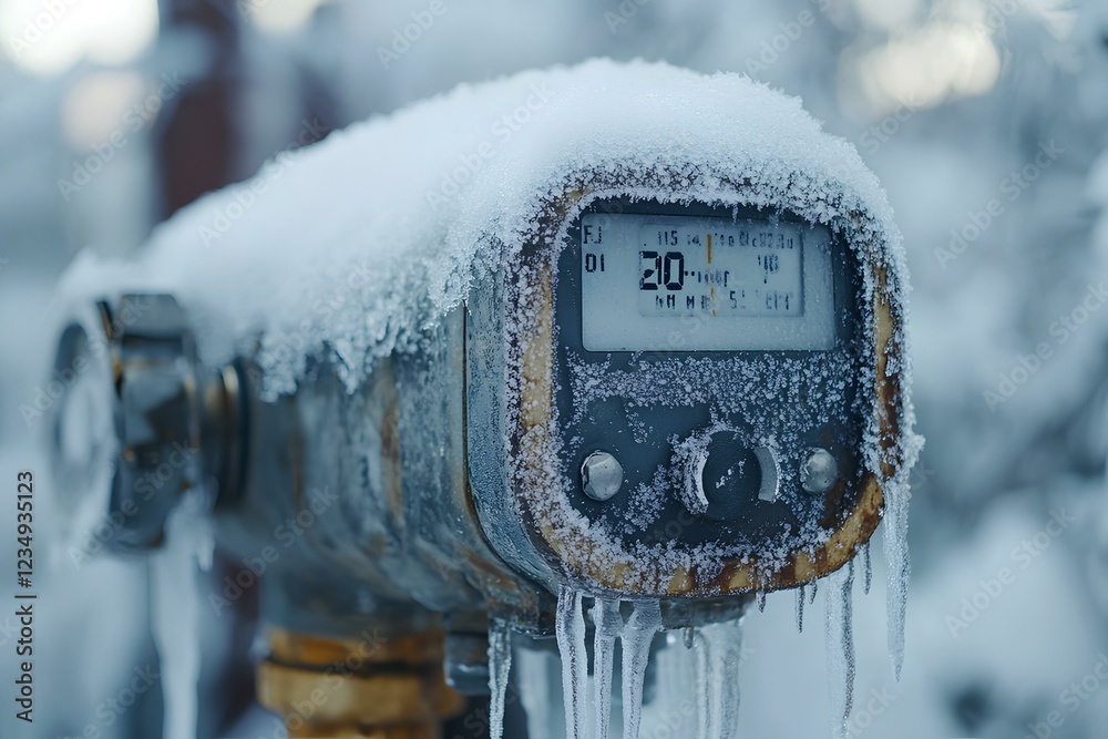 Frozen residential gas meter with visible frost and icicles, captured ...