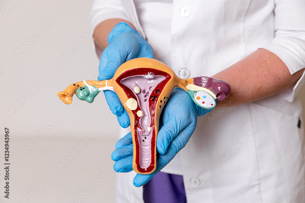 Doctor or nurse holding pathology Uterus and Ovaries model. Ovarian and ...