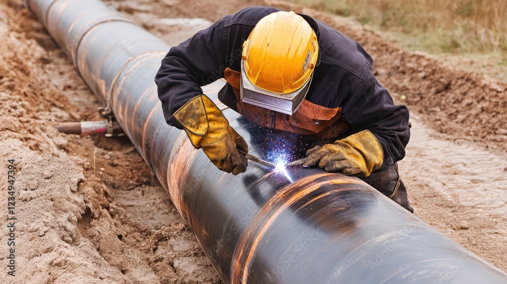 Professional Heavy Industry Welder Working Inside Pipe, Wears Helmet ...
