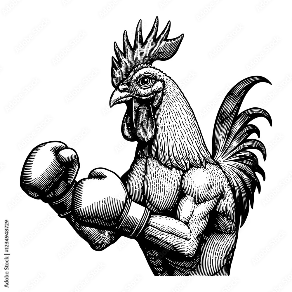 Humanoid Rooster Wearing Boxing Gloves in Punching Pose Black and White ...